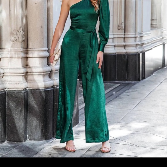 Pants & Jumpsuits | Green Satin One Shoulder Long Sleeve Jumpsuit ...